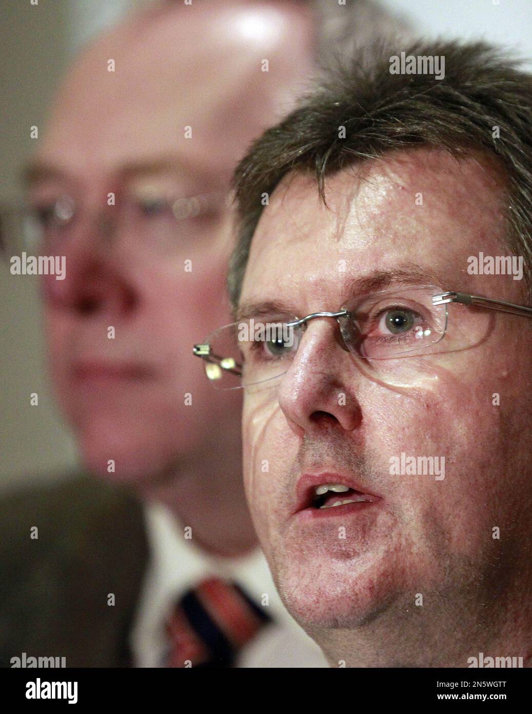 Democratic Unionist party member Jeffrey Donaldson speaks to the media ...