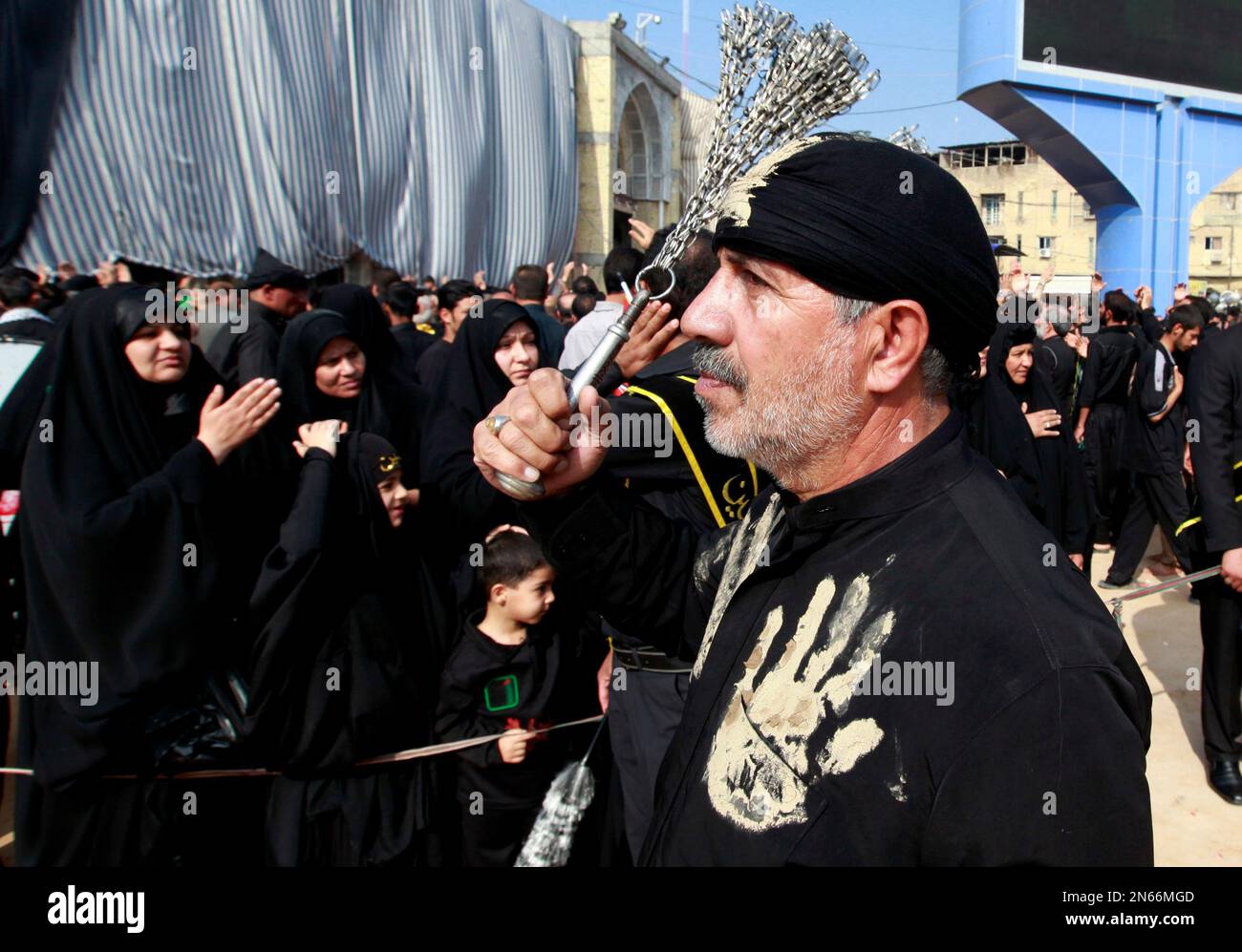A Shiite faithful worshipper beats himself with chains as a sign of ...