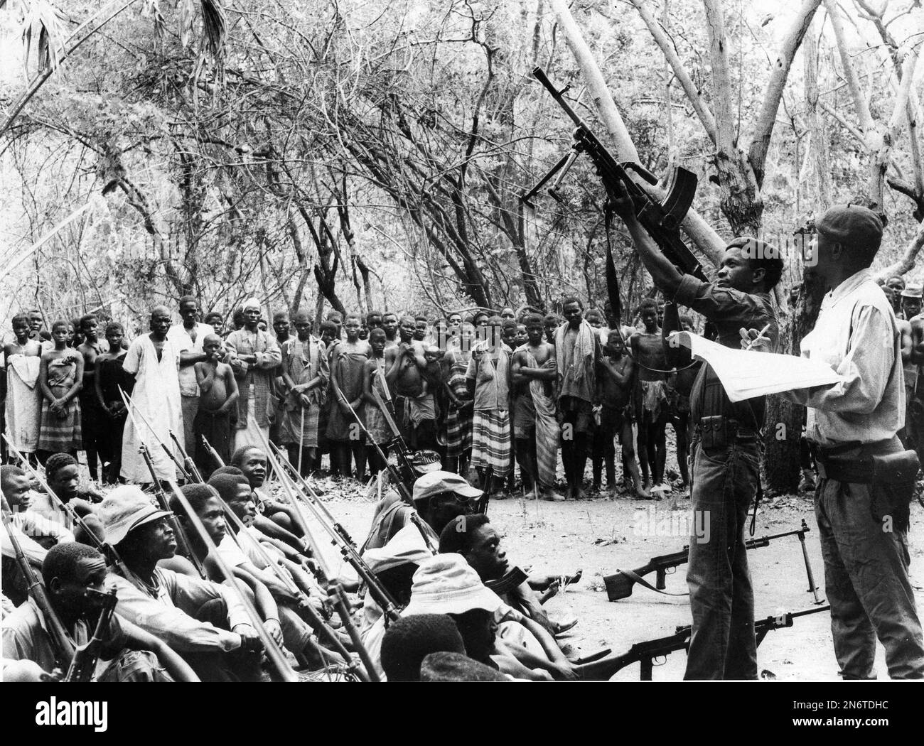 Squatting riflemen and new recruits of the National Liberation forces ...