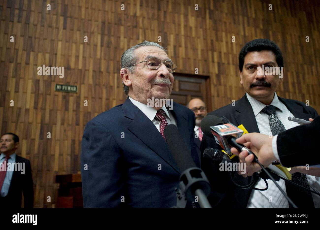 Guatemala's former dictator Jose Efrain Rios Montt speaks to the press ...