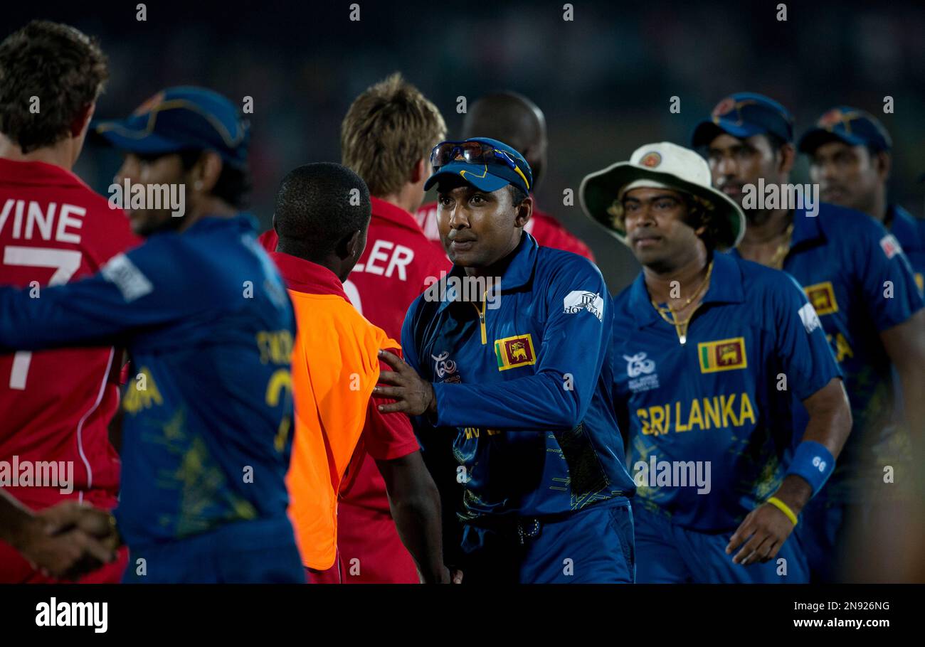 Sri Lanka's cricketers from left, Tillakaratne Dilshan, captain Mahela Jayawardena, and Lasith ...
