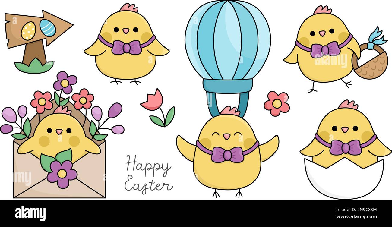 Pulcini di Pasqua Vector per bambini. Carino kawaii polli collezione ...
