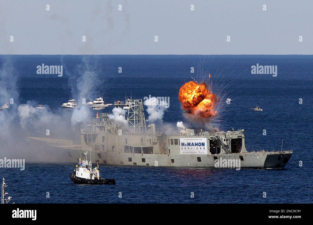An explosion is seen on the Ex-HMAS Adelaide, a decommissioned RAN ...