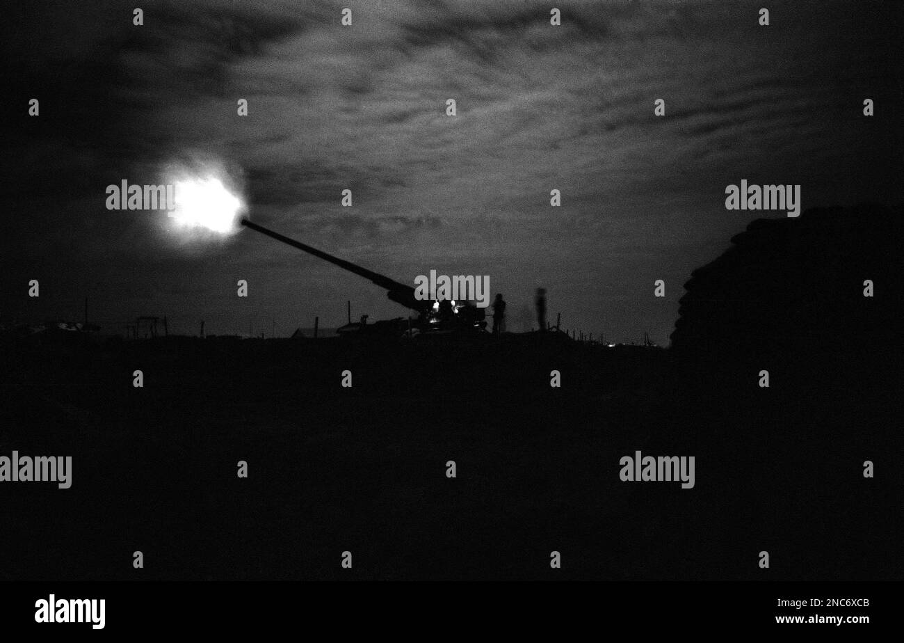 GI’s fire a 175mm self-propelled Howitzer at the enemy as they support ...