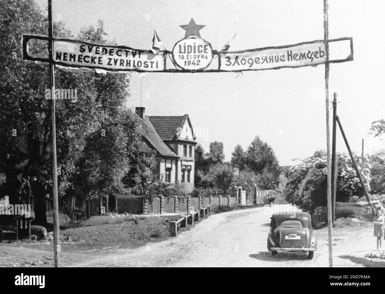 An archway announcing the site of the Lidice massacre on June 23, 1945 ...