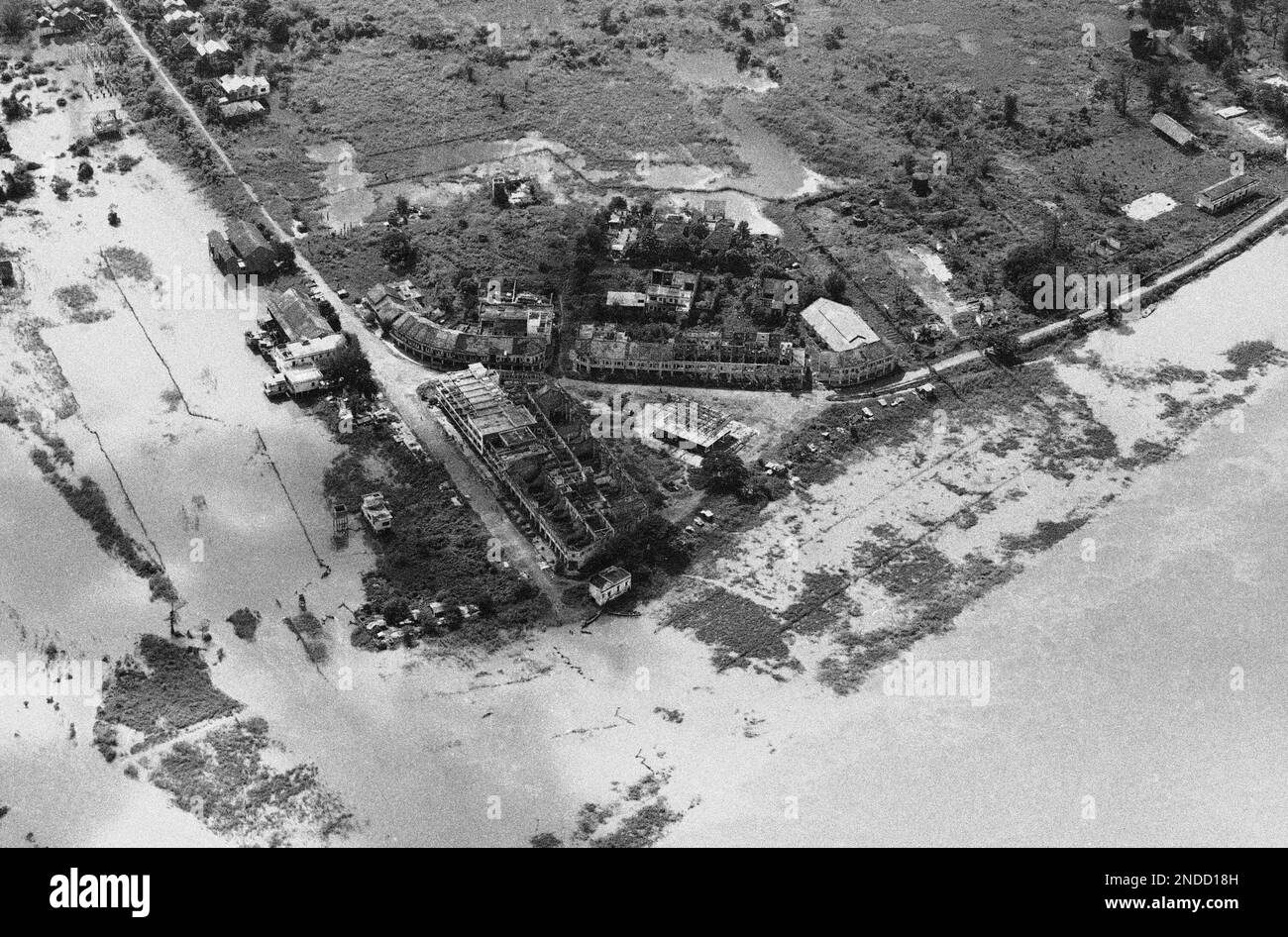 Aerial view of a portion of the battered province capital of Kompong ...