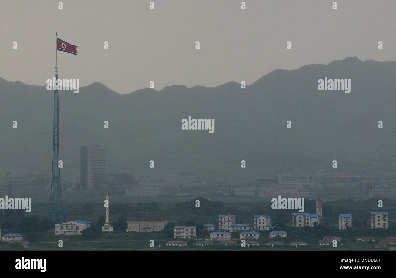 A North Korean flag can be seen from the observation post Ouellette at ...