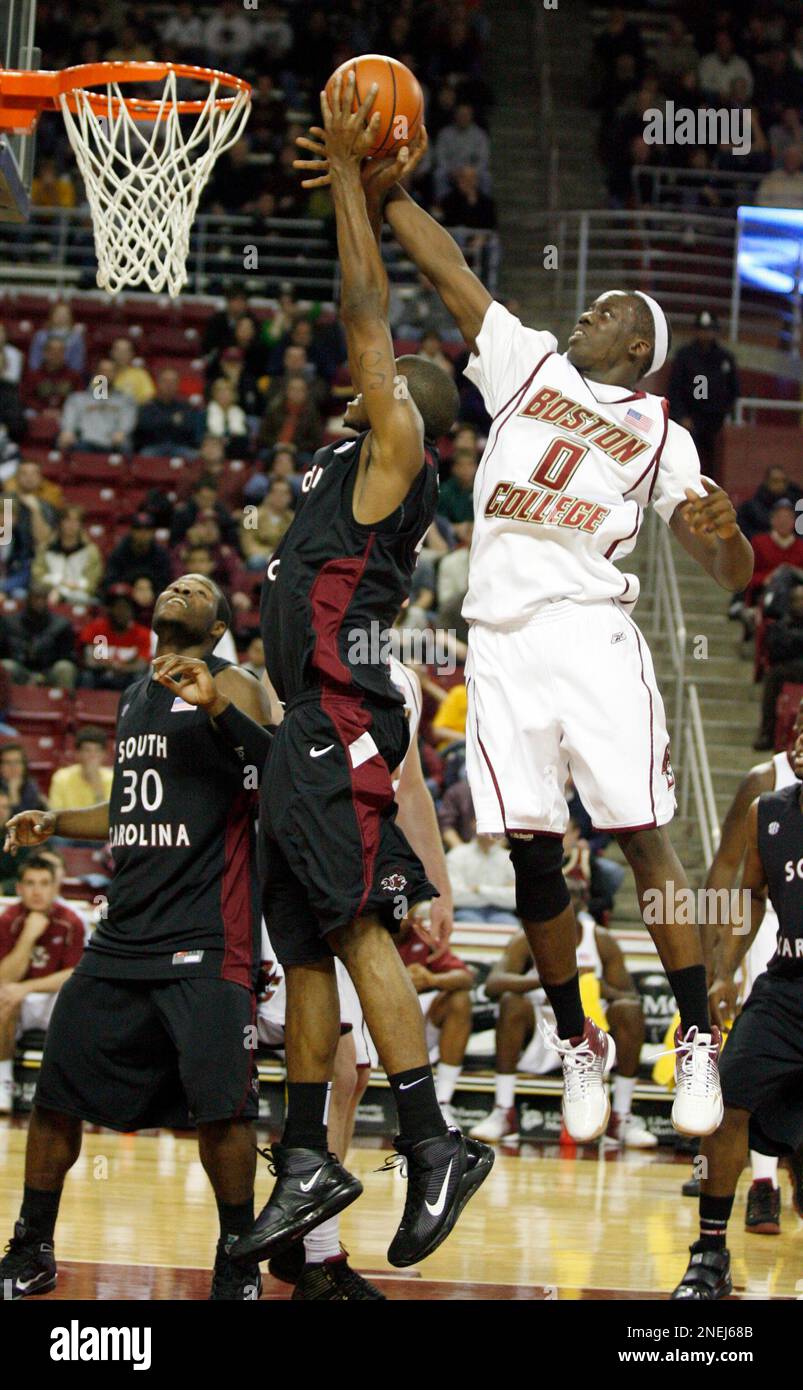 Boston College's Reggie Jackson (0) blocks a shot attempt by South ...
