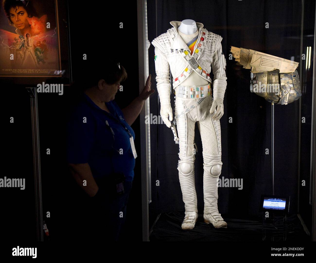 FILE - A costume worn by Michael Jackson in movie "Captain EO" is shown at the D23 Expo in ...