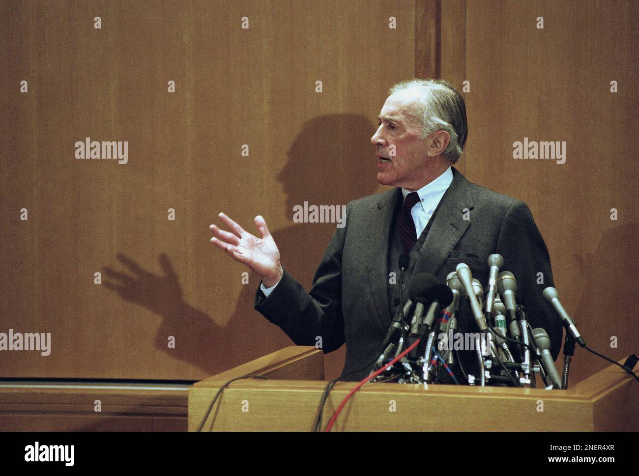 Iran-Contra independent counsel Lawrence E. Walsh gestures at a ...
