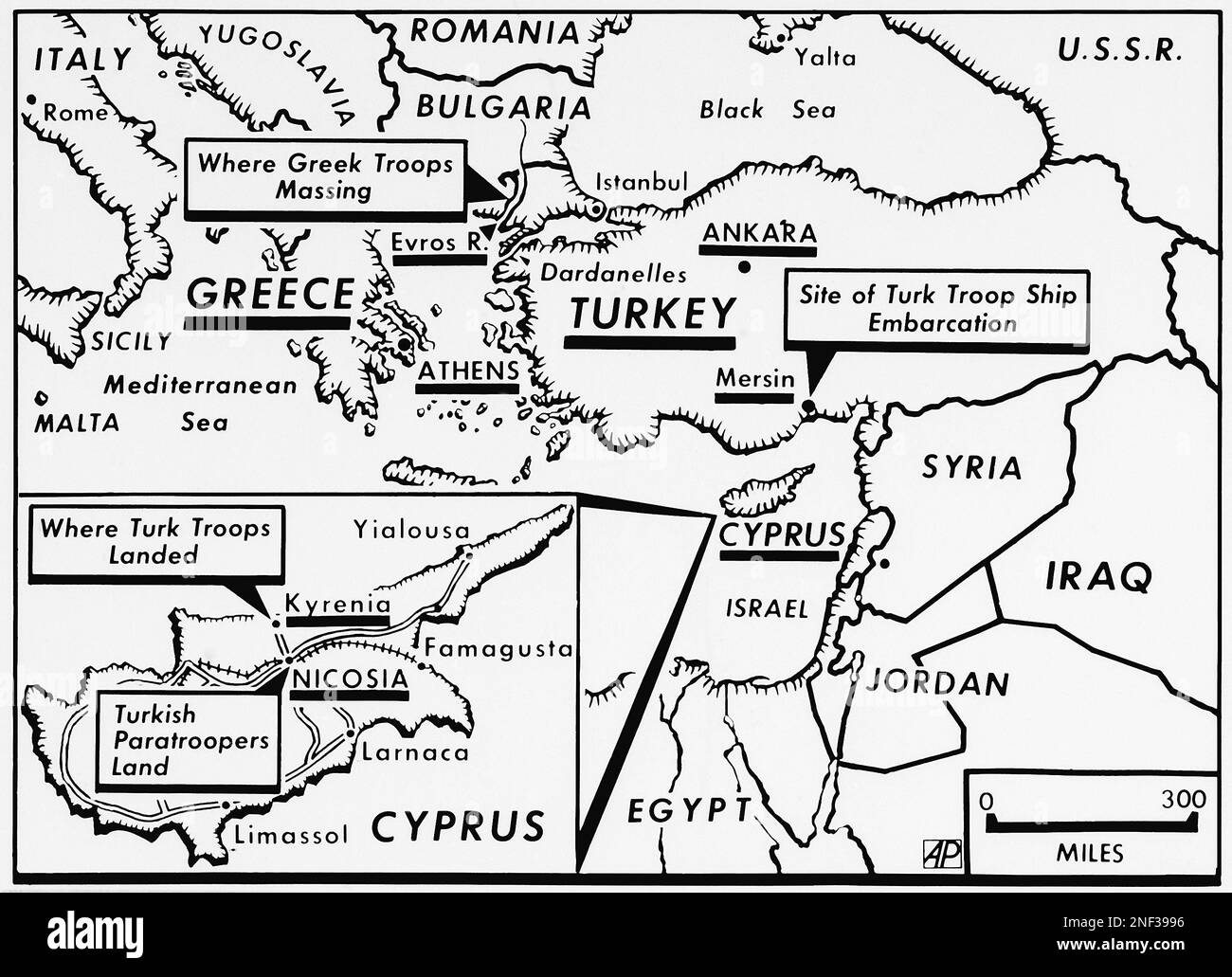 Map locates Cyprus in relation to Mersin, shown on July 20, 1974, the ...