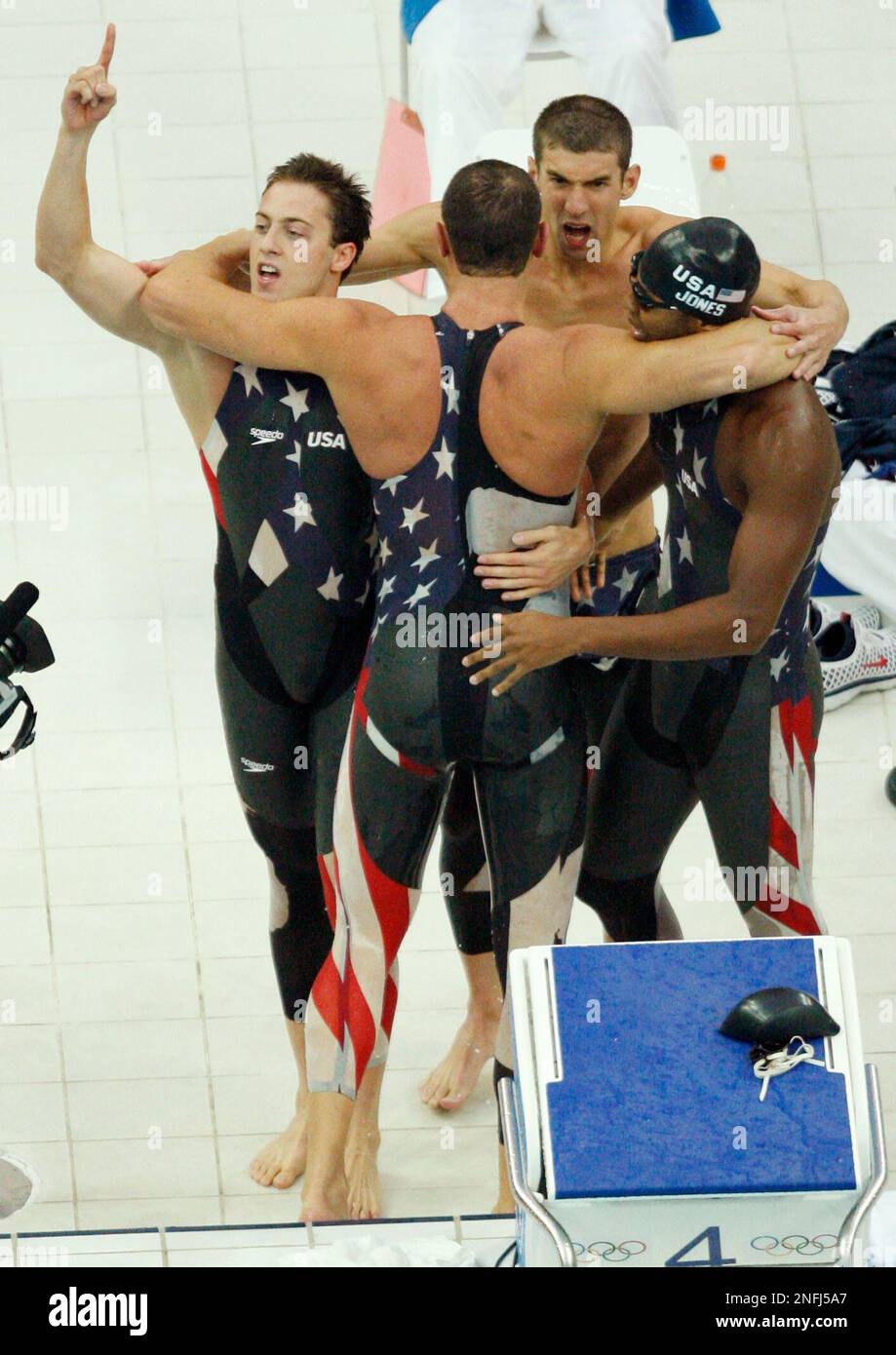 United States' swimmers, from left, Garret Weber-Gale, Jason Lezak ...