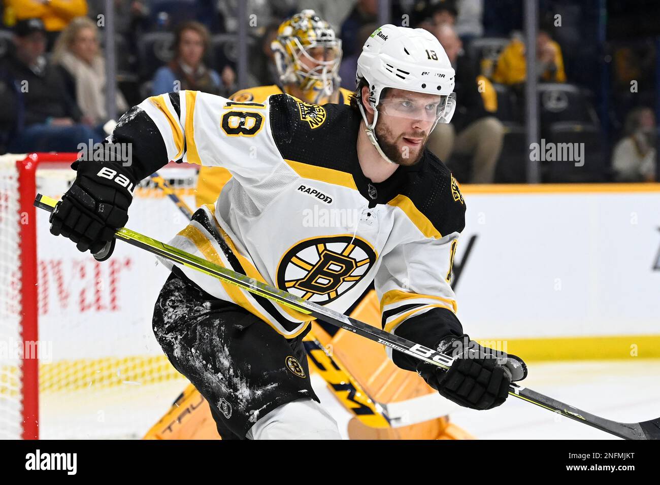Boston Bruins center Pavel Zacha (18) plays against the Nashville ...