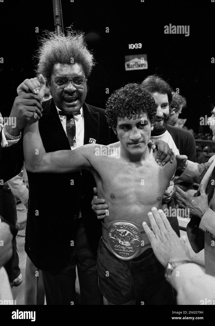 Salvador Sanchez, WBC featherweight champion, has his hand raised by ...