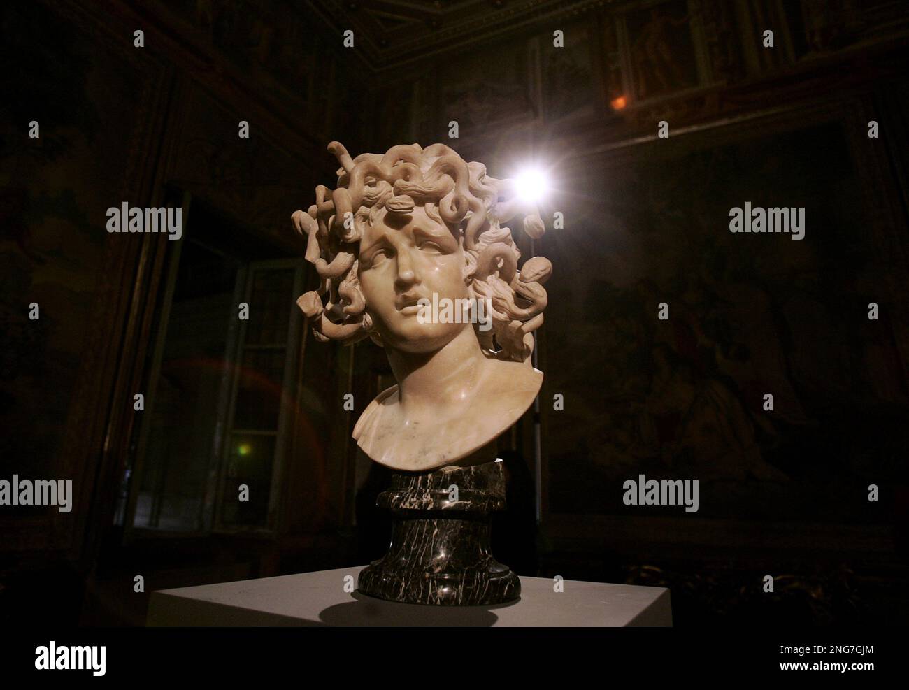 A view of a marble bust, "Bust of Medusa", made by Italian sculptor ...