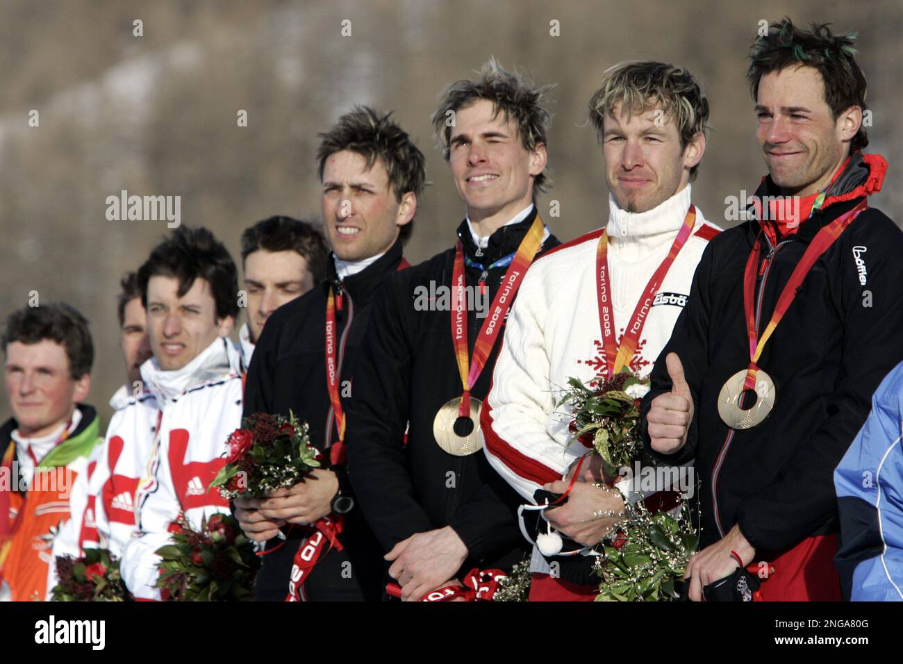 Austria's, from right, Michael Gruber, Christoph Bieler, Felix Gottwald ...