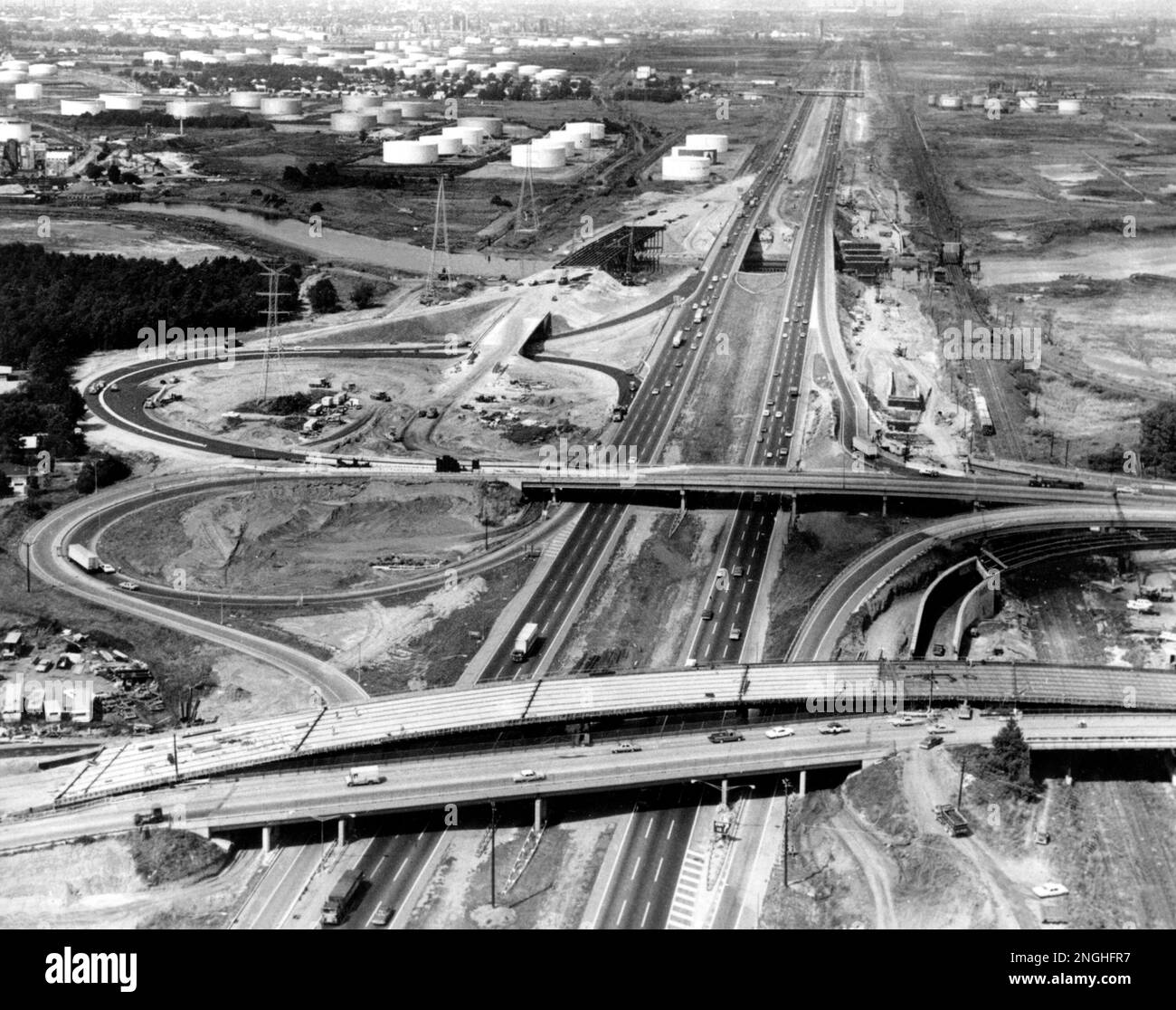 This aerial view shows highway construction on the New Jersey Turnpike ...