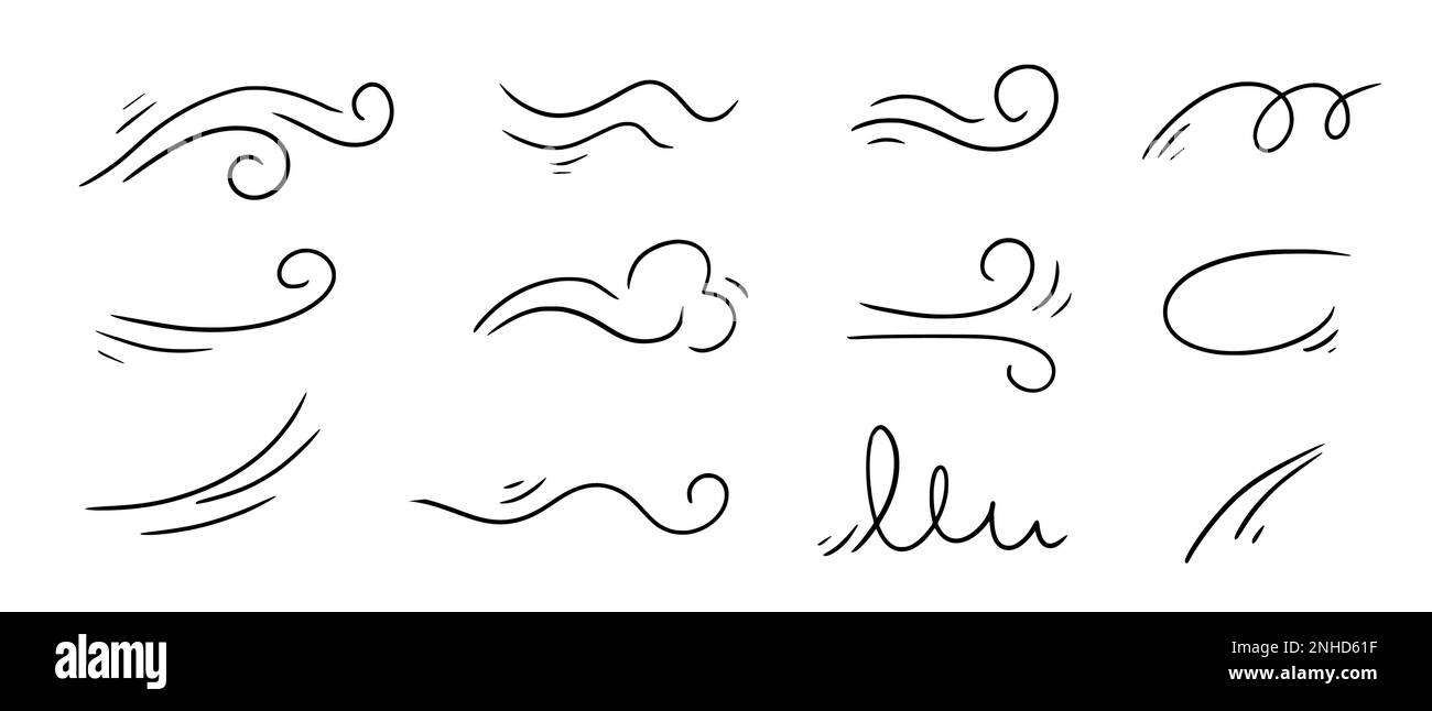 Set forma linea di doodle del vento. Flusso del vento d'aria, spirale ...