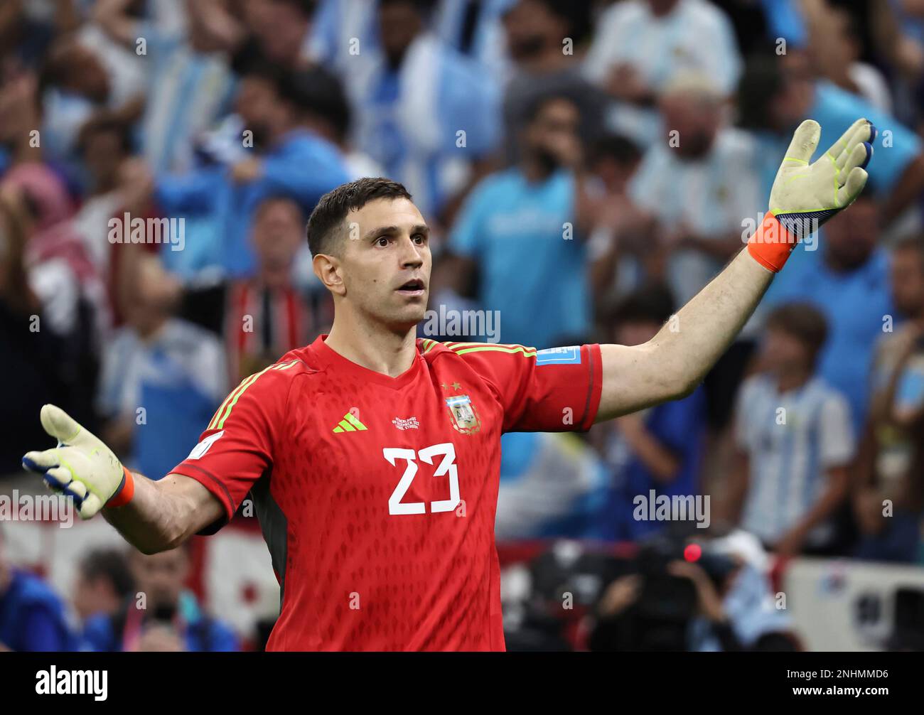 Argentina's goalkeeper Emiliano Martinez gestures in a penalty shootout ...