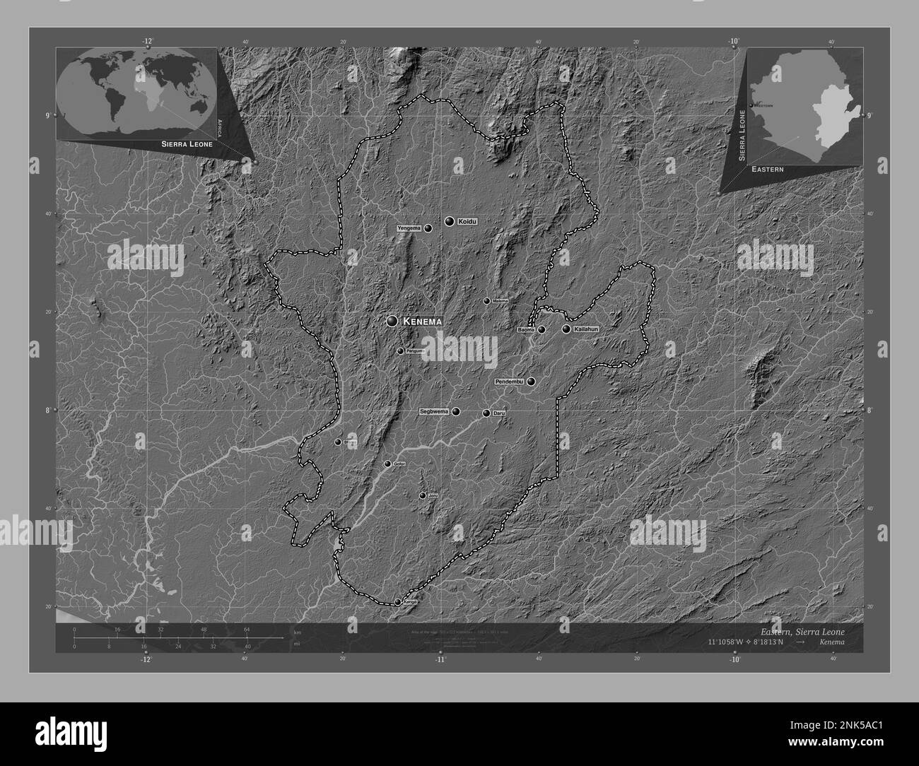 Orientale, provincia della Sierra Leone. Mappa altimetrica bilivello ...