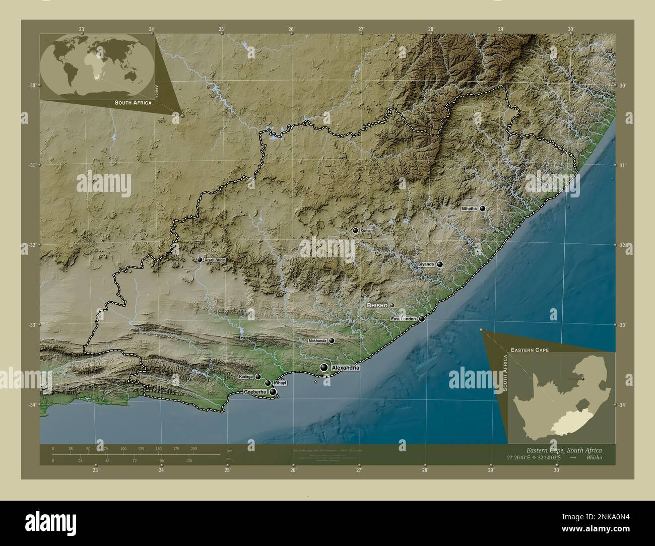 Capo orientale, provincia del Sudafrica. Mappa dell'altitudine colorata ...