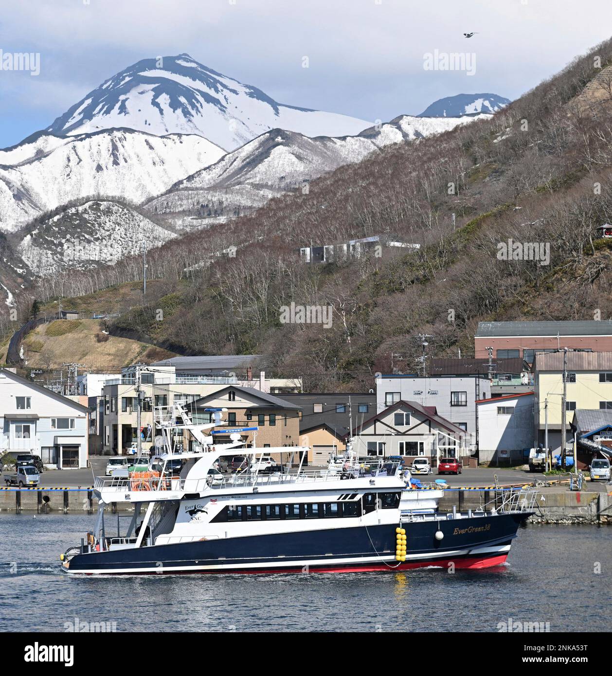 Sightseeing vessels leave a port for a searching in Rausu Town ...