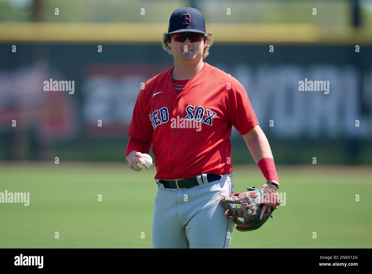 Boston Red Sox third baseman Blaze Jordan (19) during warmups before a ...