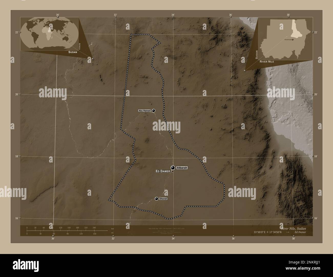 Fiume Nilo, stato del Sudan. Mappa dell'altitudine colorata in tonalità ...