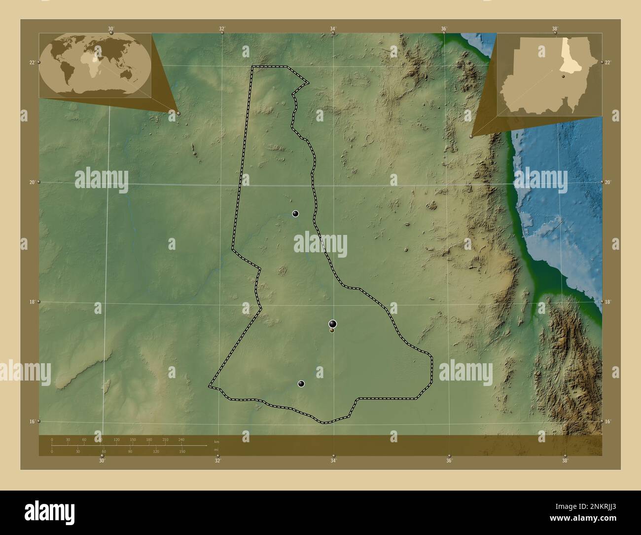 Fiume Nilo, stato del Sudan. Mappa di altitudine colorata con laghi e ...