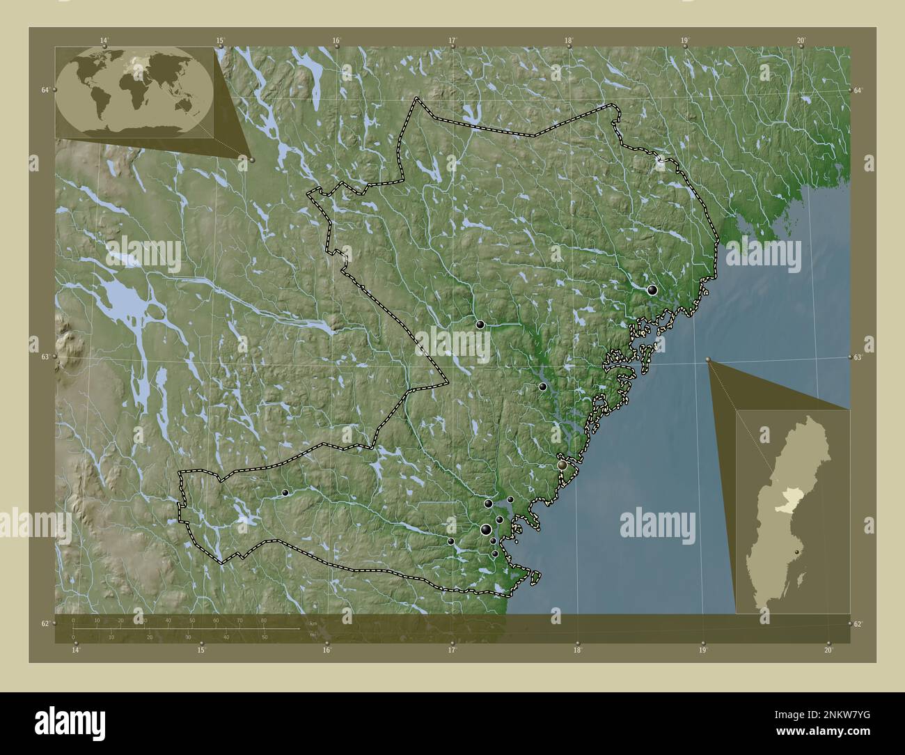 Vasternorrland, contea della Svezia. Mappa dell'altitudine colorata in ...