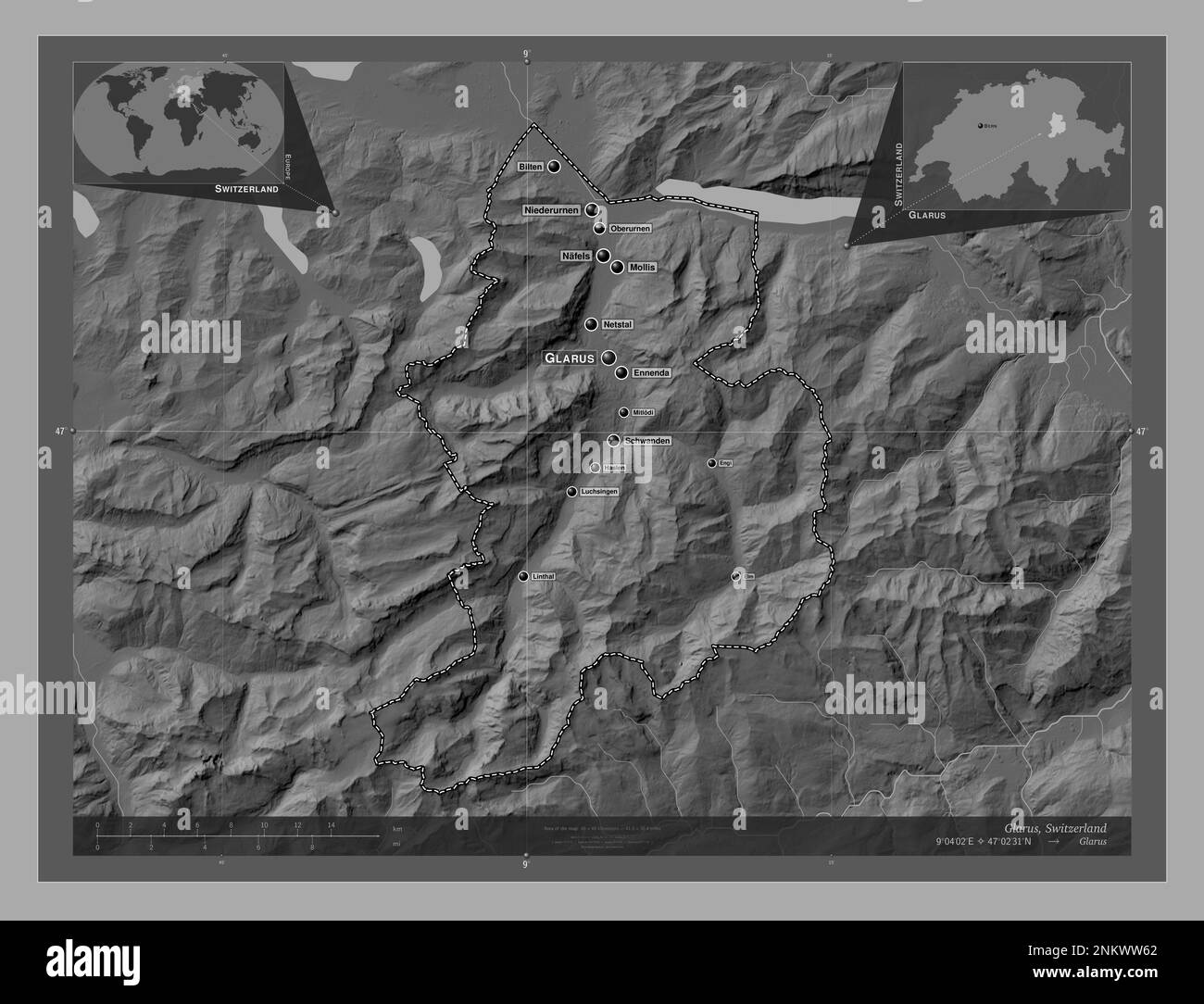 Glarona, cantone della Svizzera. Mappa altimetrica bilivello con laghi ...
