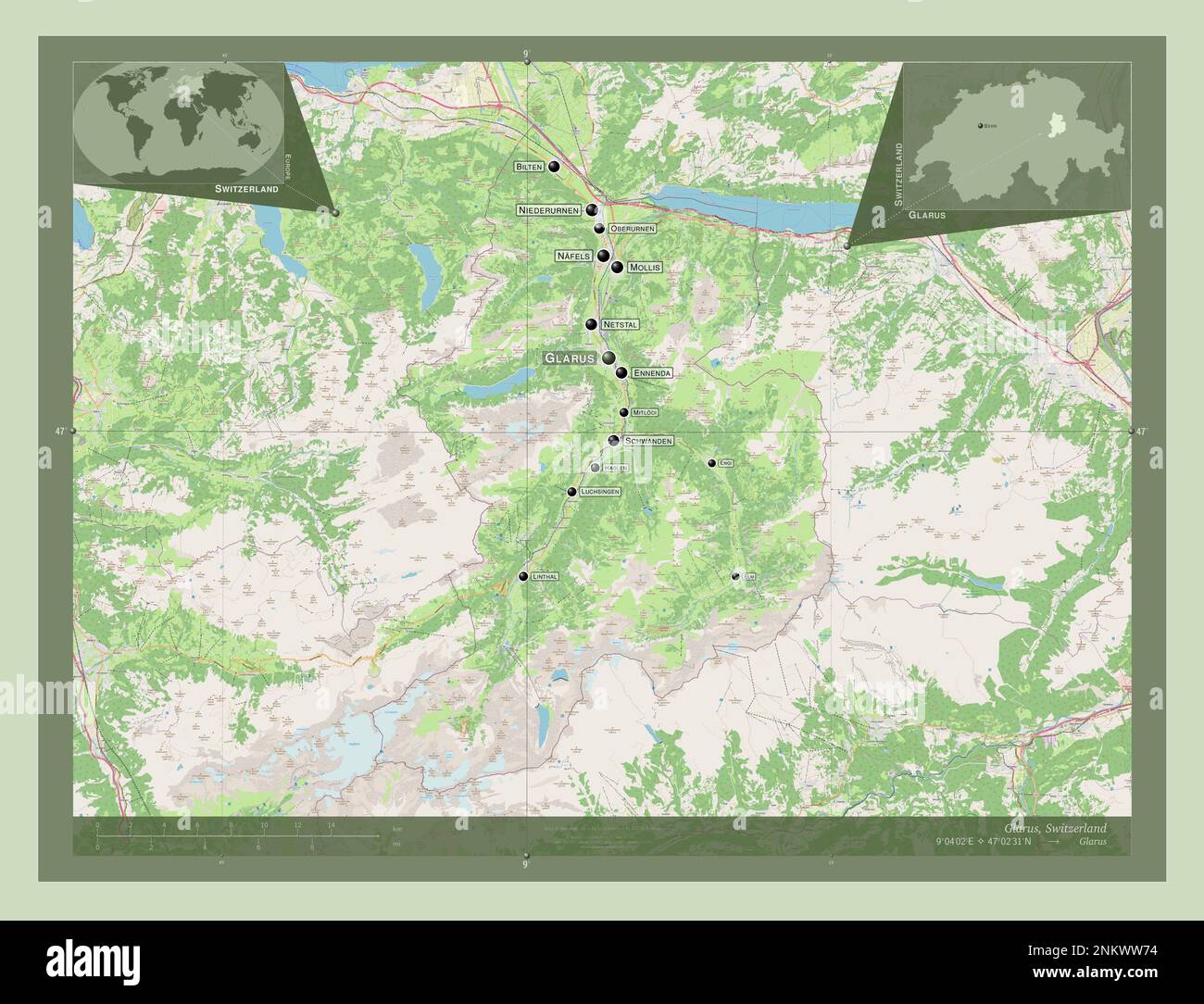 Glarona, cantone della Svizzera. Aprire la mappa stradale. Località e ...