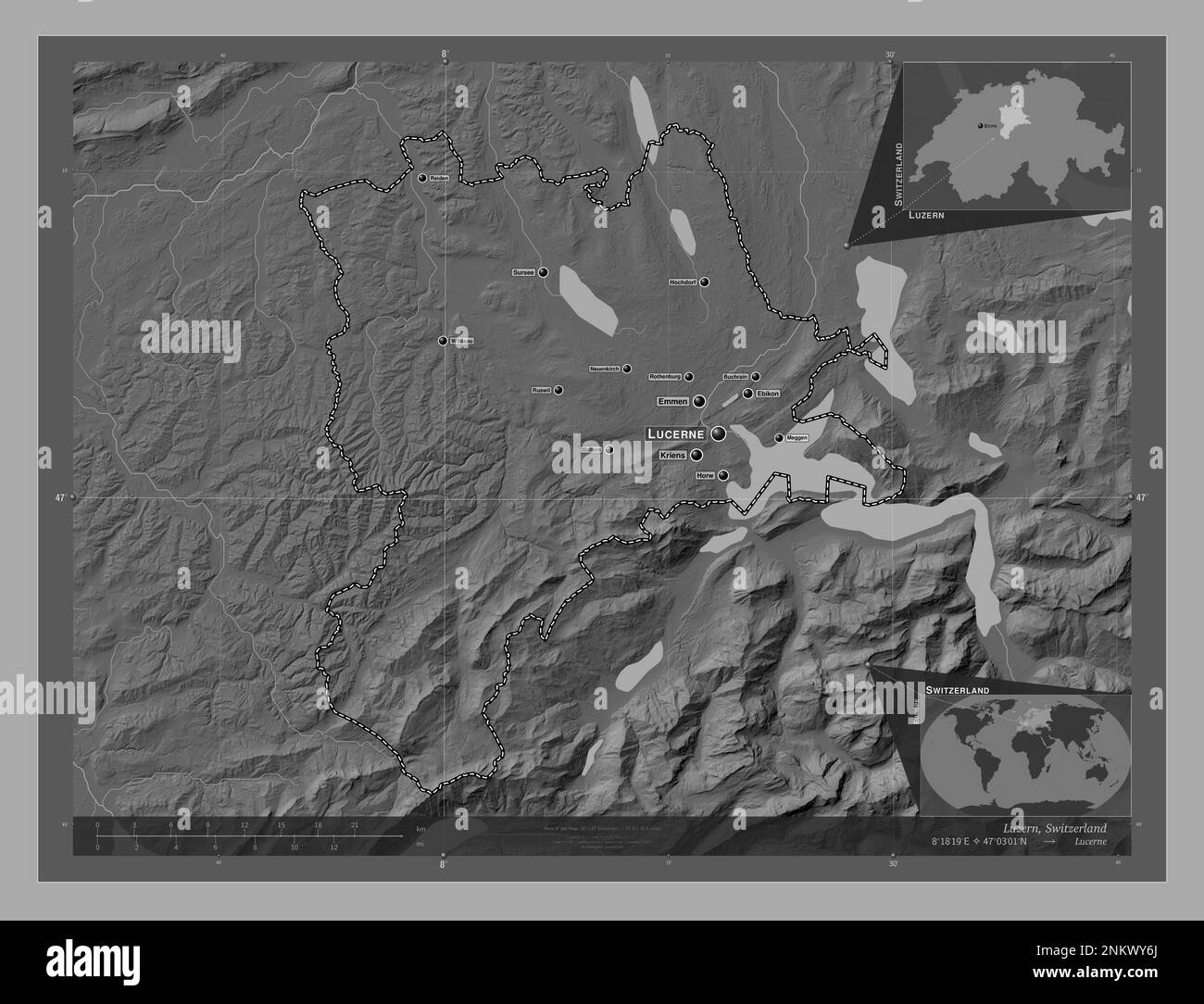 Lucerna, cantone della Svizzera. Mappa altimetrica bilivello con laghi ...