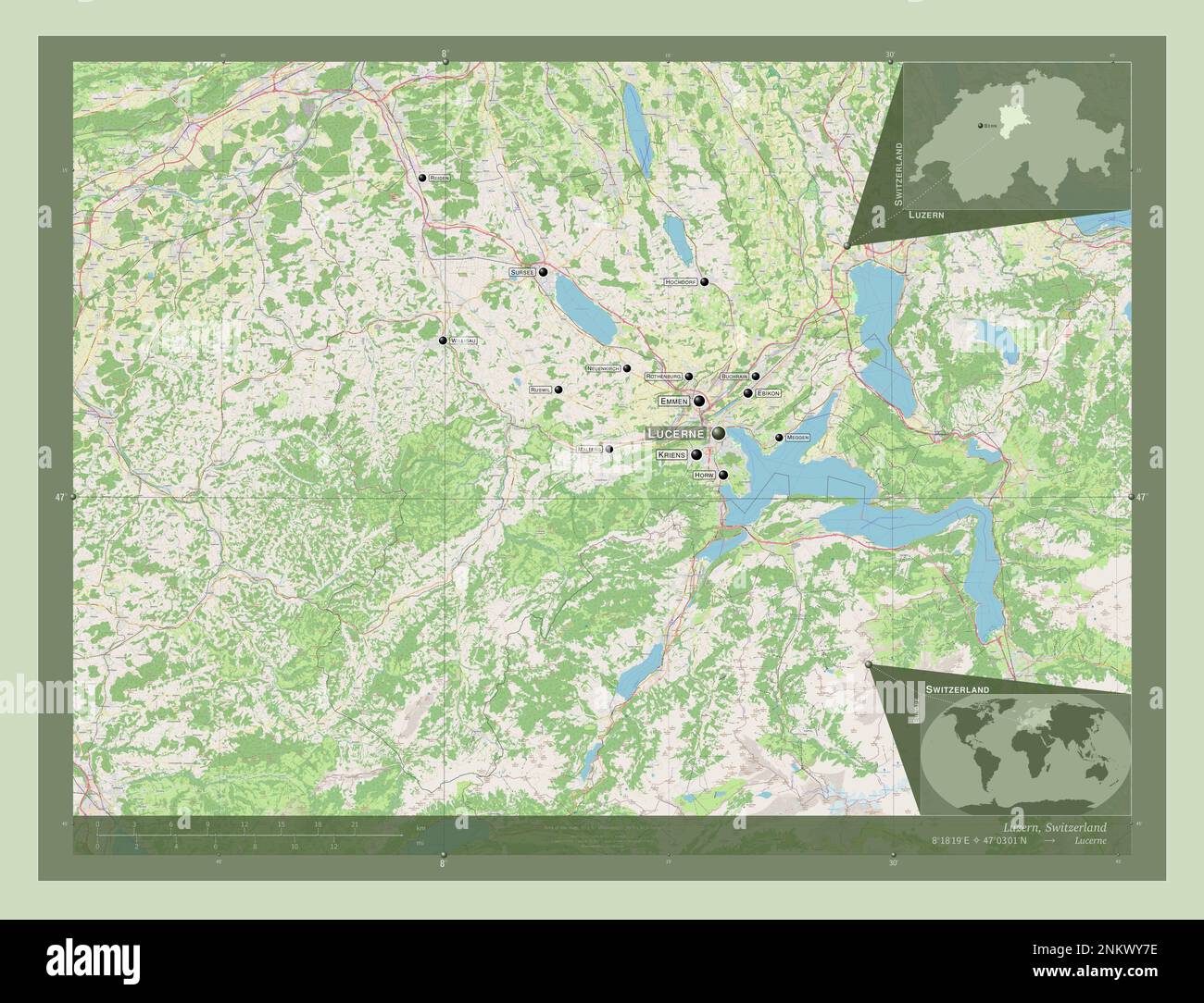 Lucerna, cantone della Svizzera. Aprire la mappa stradale. Località e ...