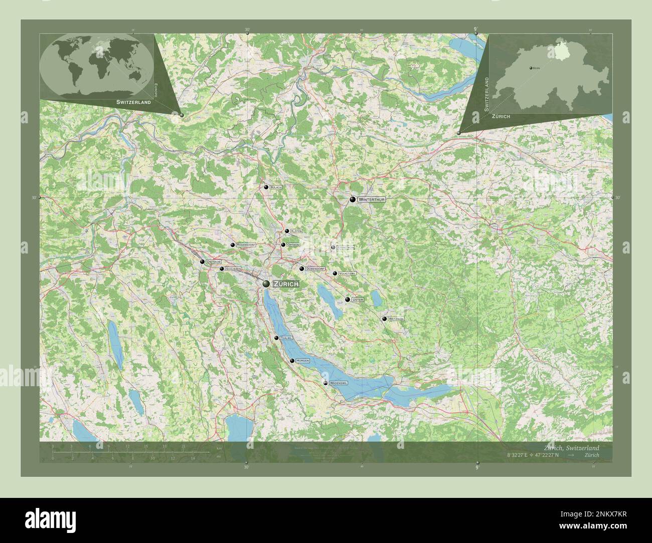 Zurigo, cantone della Svizzera. Aprire la mappa stradale. Località e ...