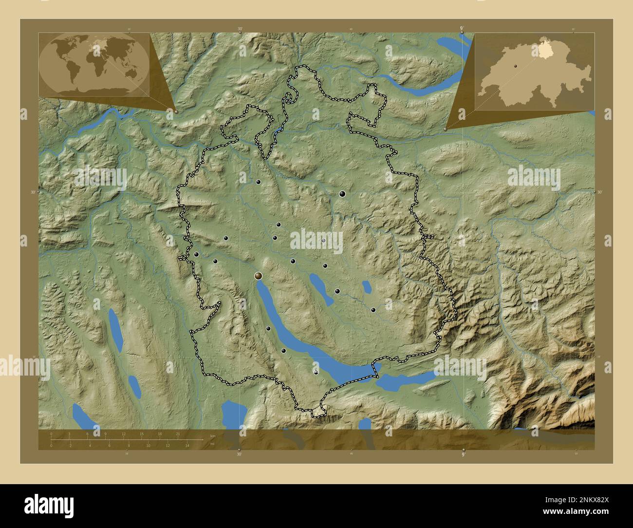 Zurigo, cantone della Svizzera. Mappa di altitudine colorata con laghi ...
