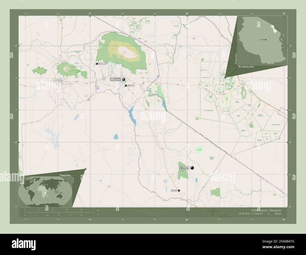 Kilimanjaro, regione della Tanzania. Aprire la mappa stradale. Località ...