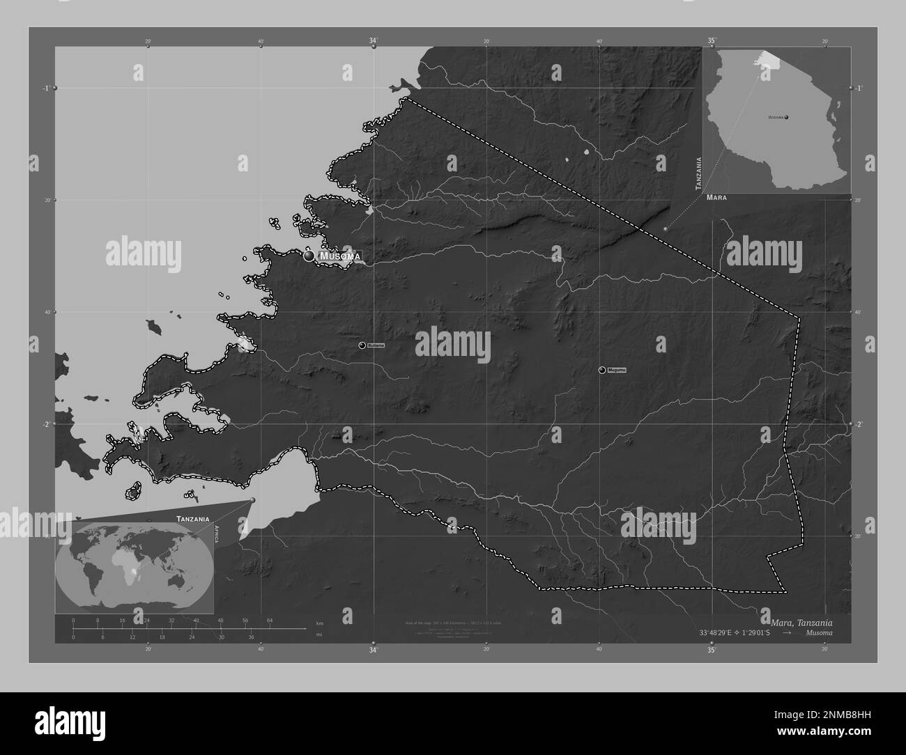 Mara, regione della Tanzania. Mappa in scala di grigi con laghi e fiumi ...