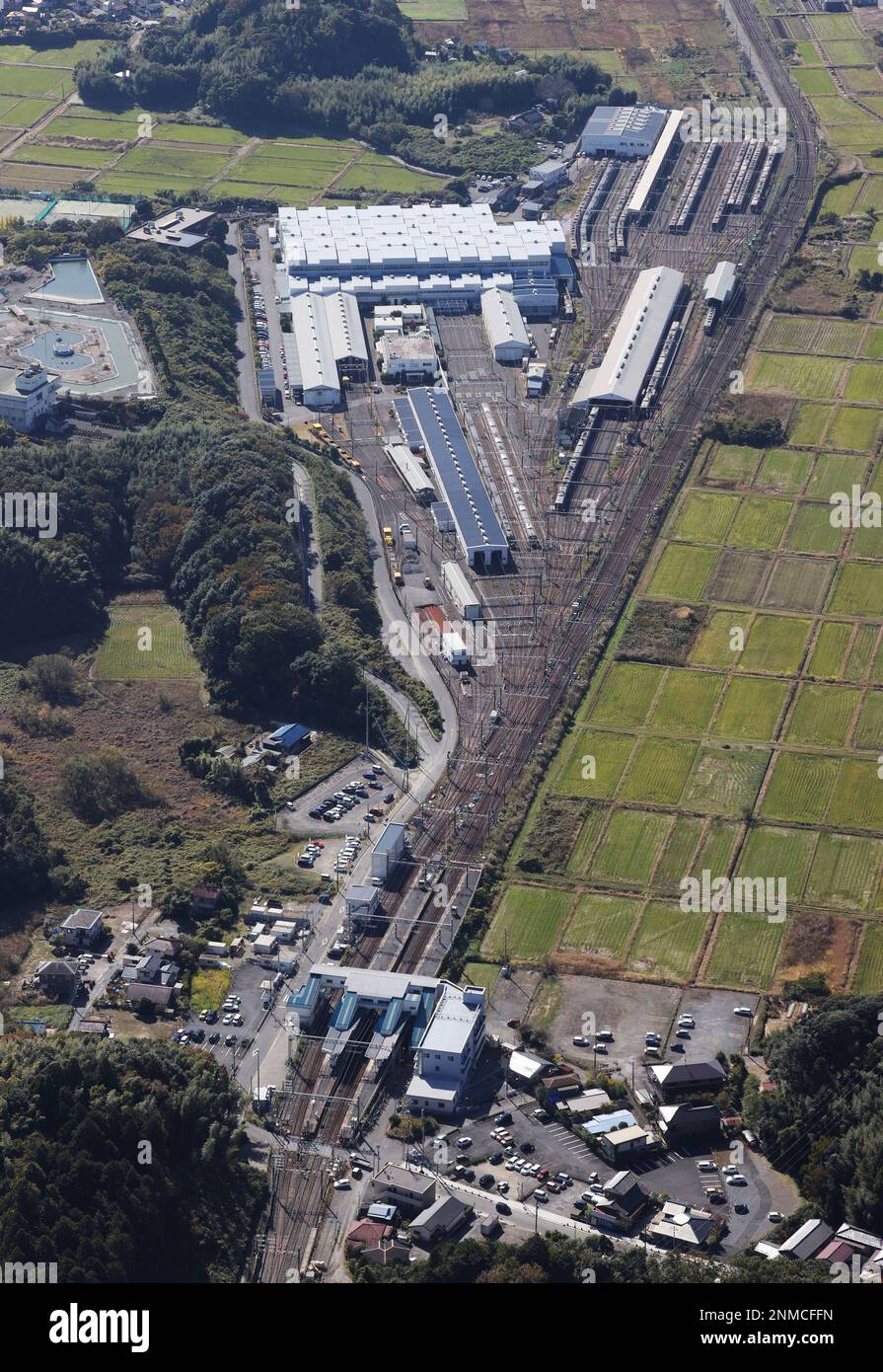 An aerial photo shows Sogo rail yard of Keisei Electric Railway Co ...