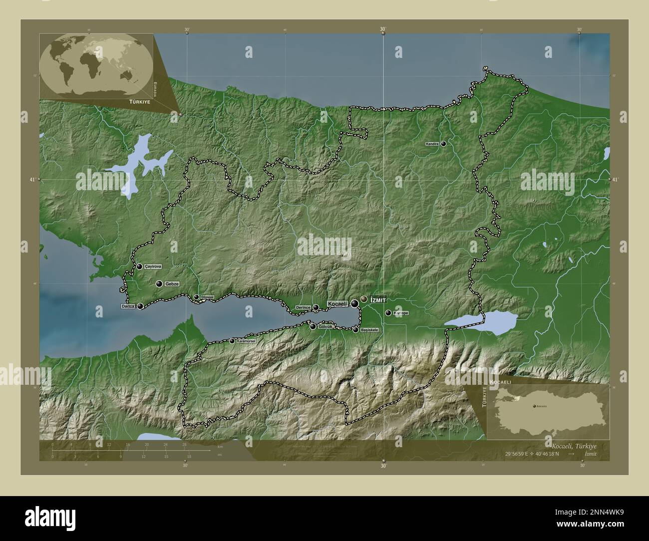 Kocaeli, provincia di Turkiye. Mappa dell'altitudine colorata in stile ...