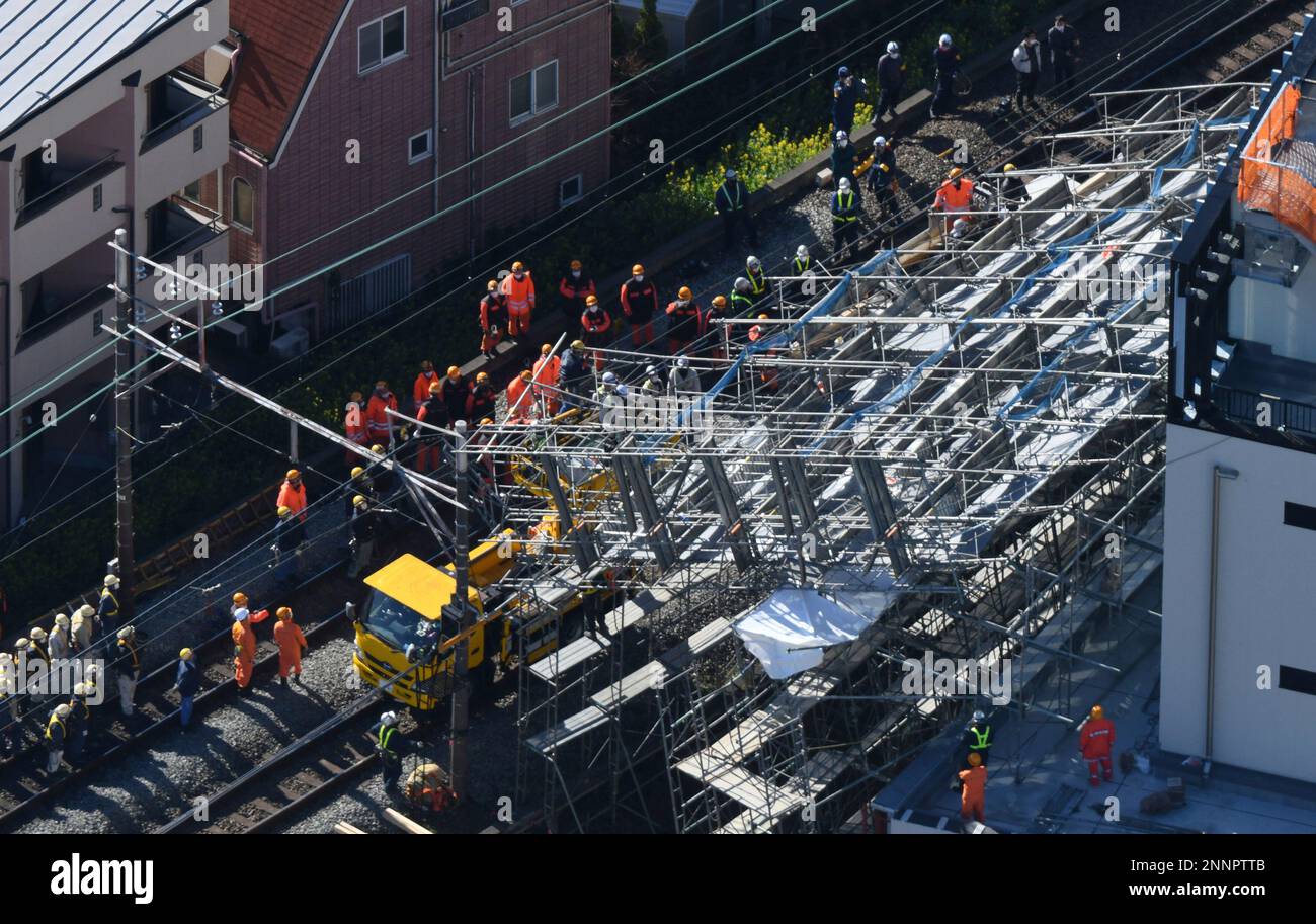 An aerial photo shows a restoration work at a site that a collapsed ...