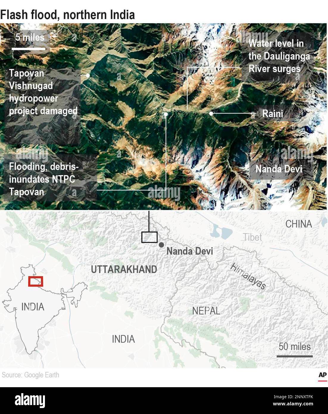 Map shows a satellite image India's Uttarakhand region near Nanda Devi where scores are missing ...