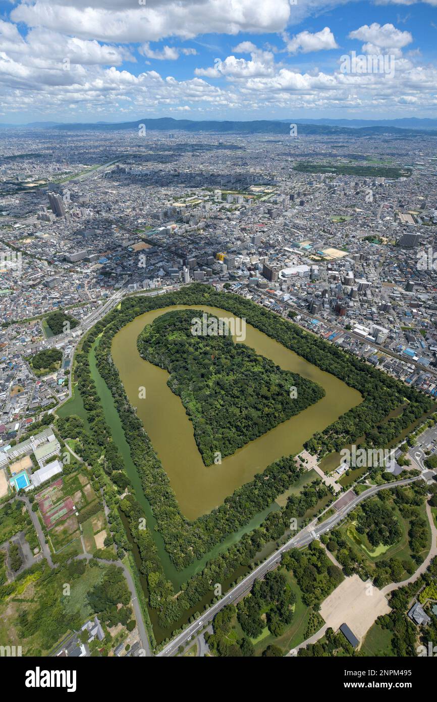 An aerial photo shows Daisen Kofun (Nintoku Tenno Ryo) that is thought ...