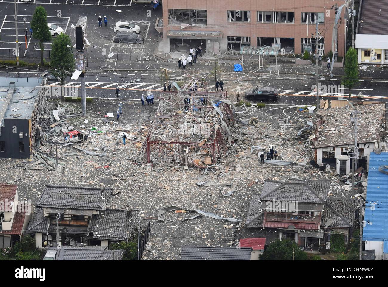 An aerial photo shows a restaurant damaged by an explosion in Koriyama ...