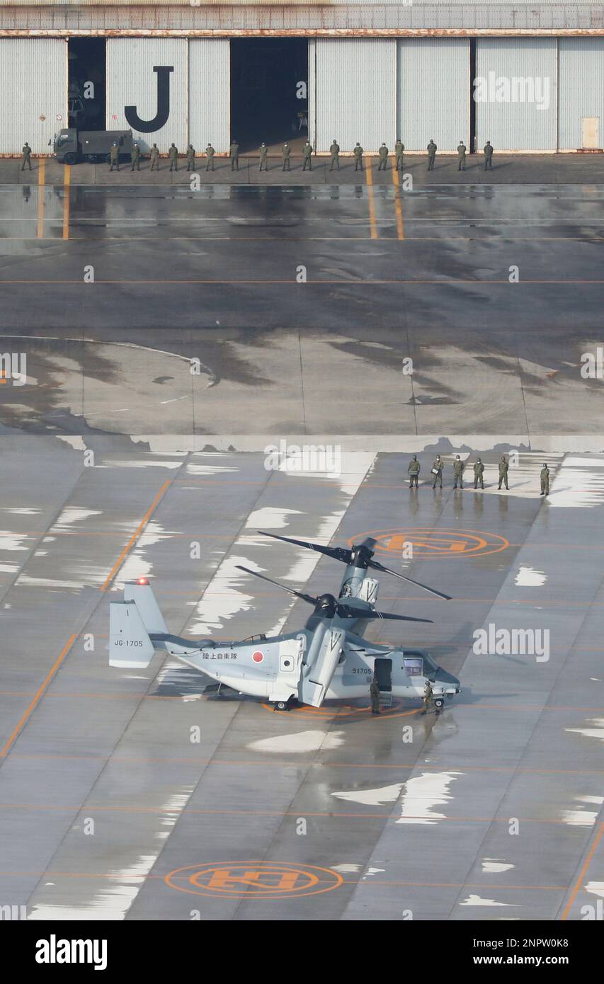 An aerial photo shows a Bell Boeing V-22 Osprey of Japan Ground Self ...
