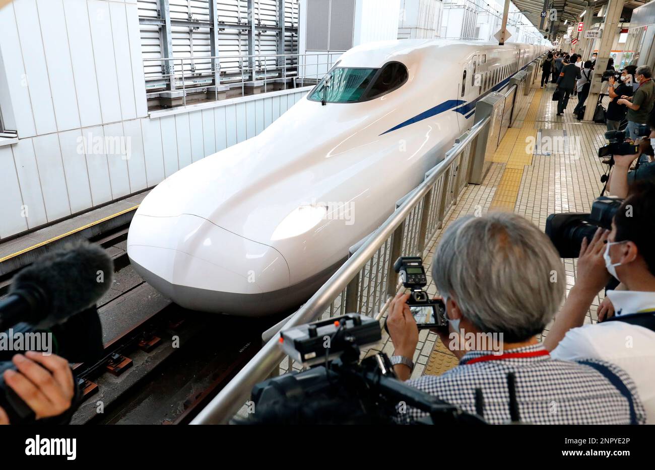 Shinkansen bullet train N700S arrives at Tokyo Station on June 13, 2020 ...