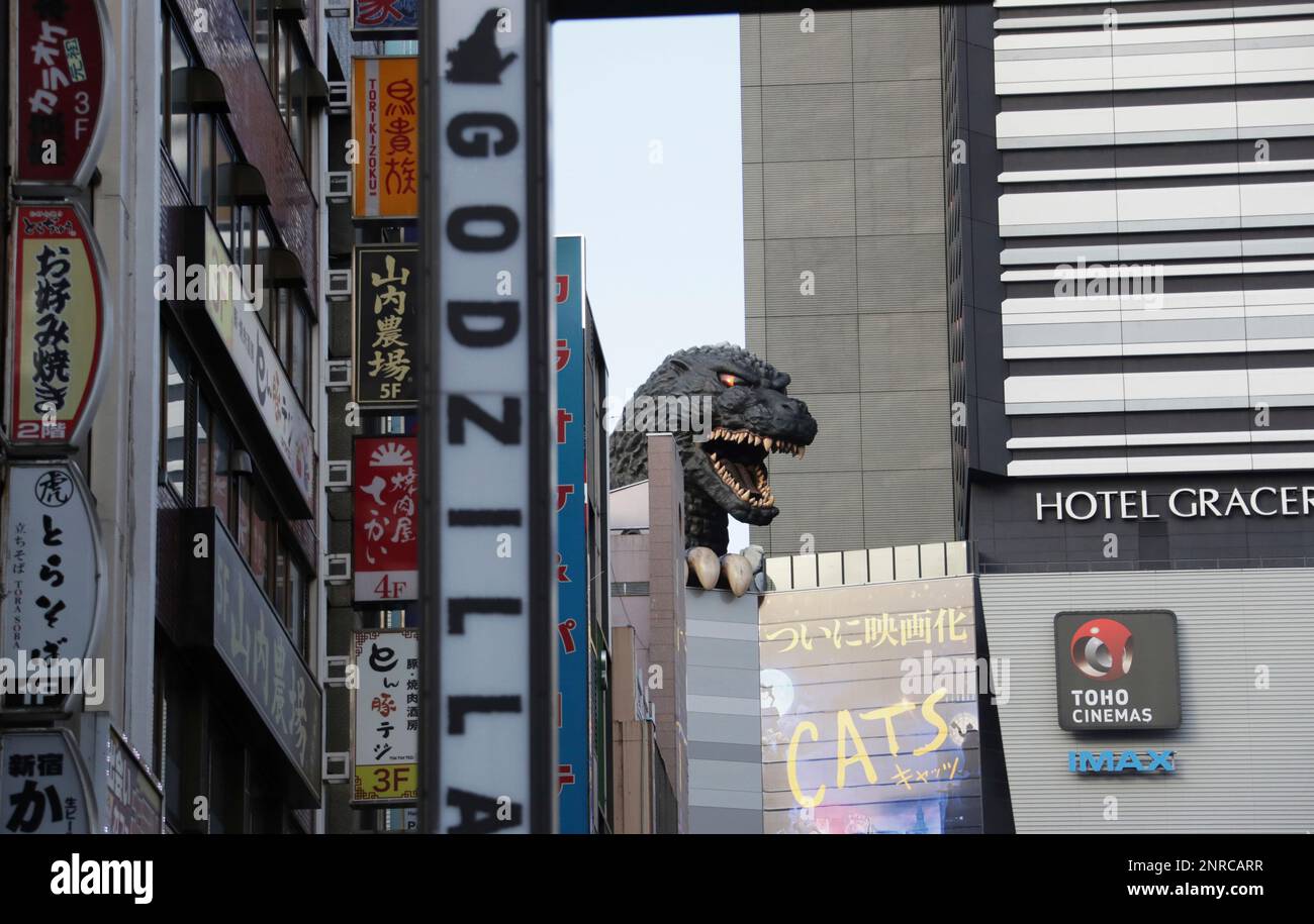 A life-sized Godzilla appears at Kabukichō in Shinjuku Ward, Tokyo on ...