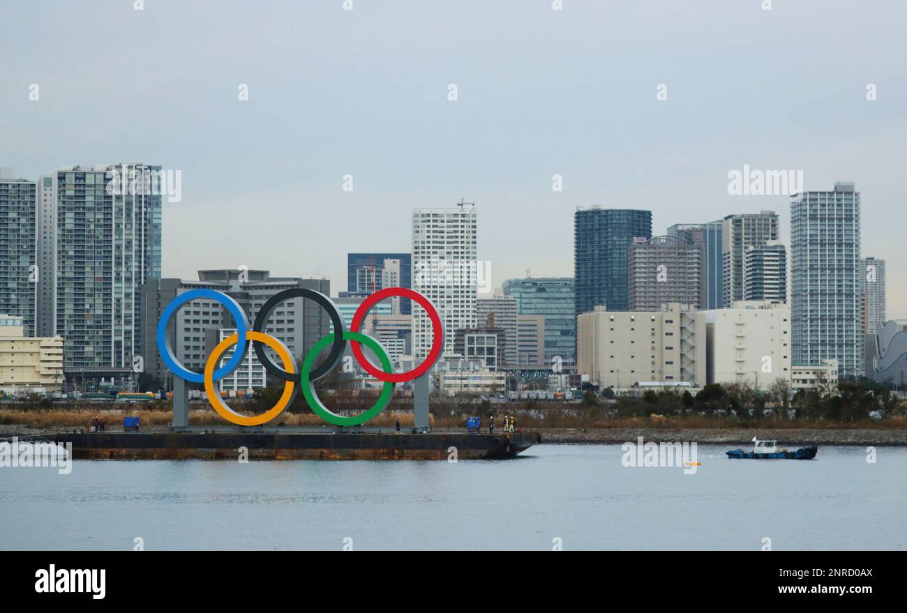 A monument of five-ring emblem is set up on the water to enhance ...