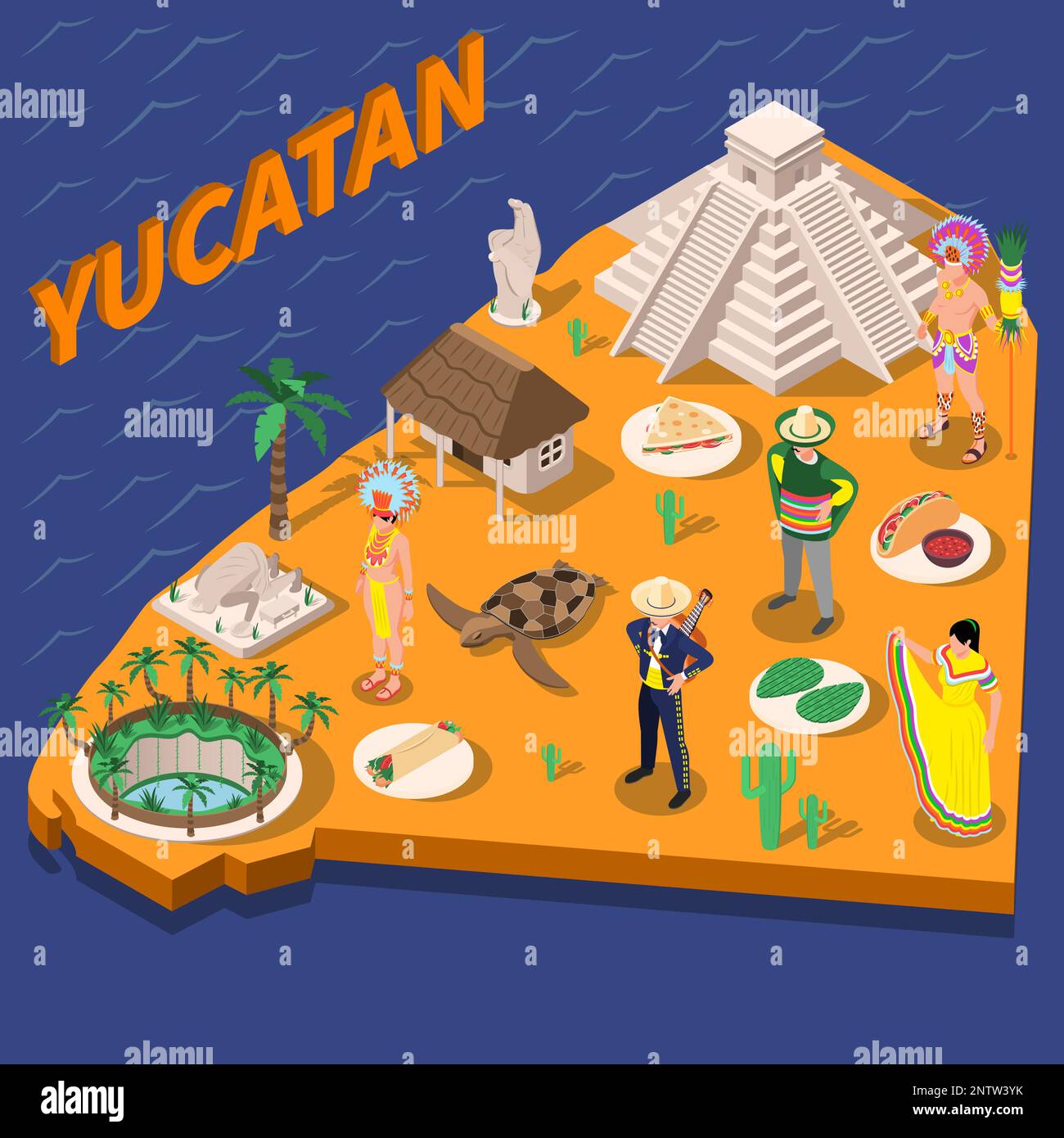 Composizione della mappa isometrica di viaggio dello Yucatan con testo ...