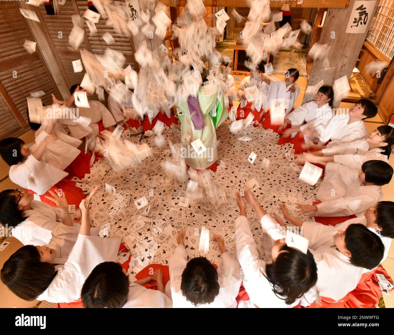 Female junior high school students dressed in white kimono and red ...